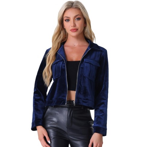 Allegra K Women's Velvet Long Sleeve Zip Up Collar Cropped Casual ...
