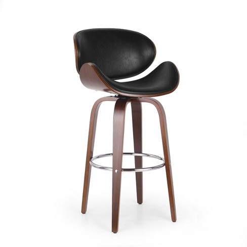 Jakin Mid century Modern Upholstered Swivel Barstool Midnight Black walnut Christopher Knight Home Beechwood Frame Chrome Footrest Target