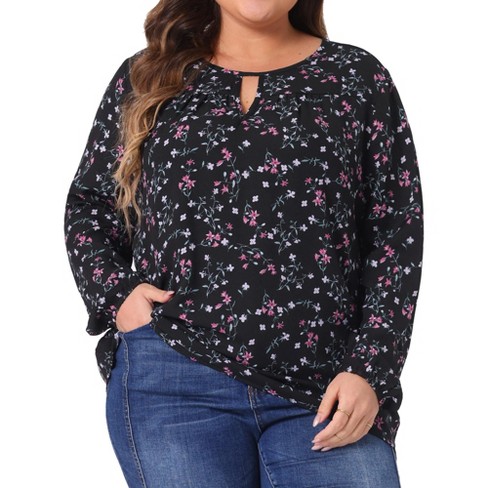 Agnes Orinda Women's Plus Size Chiffon Keyhole Long Sleeve Floral ...