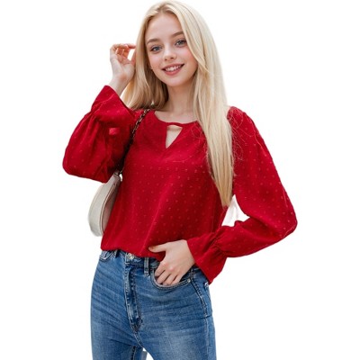Anna-kaci Women's Swiss Dot Keyhole Cutout Bishop Sleeve Blouse- X ...