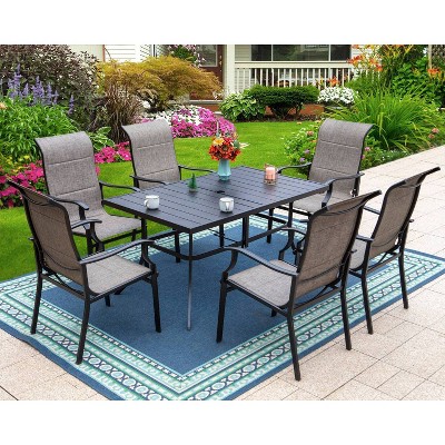 7pc Outdoor Dining Set With Steel Rectangle Table, 4 Fixed Chairs & 2 ...