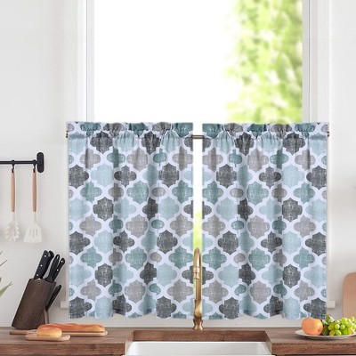 Quatrefoil Printed Cotton Blend Short Kitchen Tier Curtains, Aqua/Mint ...
