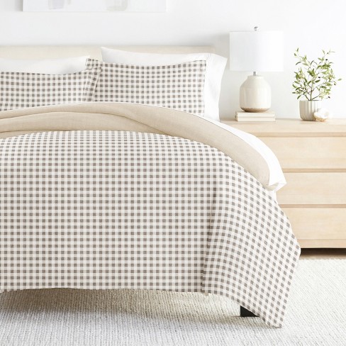 Gingham Check 3pc Duvet Cover Set - Modern Natural Pattern, Zippered ...