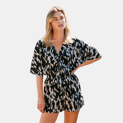 Women's V-neck Flared Sleeve Romper - Cupshe-xl-multicolored : Target
