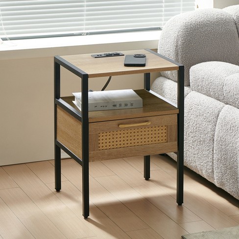NicBex 15.75 Inch Rattan Nightstand with Drawer End Table with Power Outlet and USB Ports for Bedroom Living Room Natural