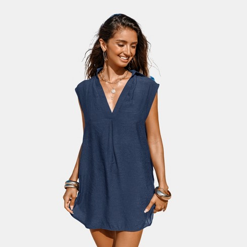 Women's V-neck Basic Collar Sleeveless Cover-up Dress - Cupshe-xl-navy : Target