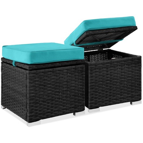 Best Choice Products Set of 2 Wicker Ottomans Multipurpose Furniture w Removable Cushions Steel Frame Black Teal