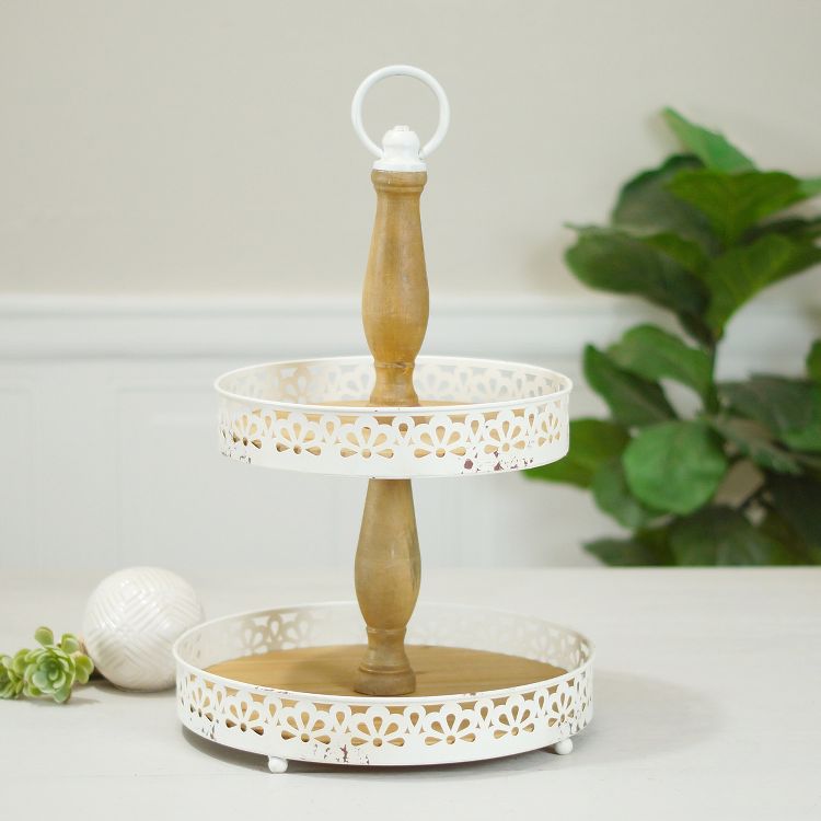 VIP Metal 20.5 Inch White Two-Tier Tray with Floral Cutout Decorative ...
