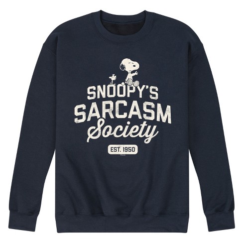 Men's Peanuts Snoopy's Sarcasm Society Est 1950 Graphic Fleece Sweatshirt - Navy - Large : Target