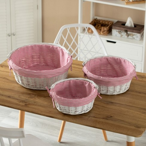 Wickerwise Traditional White Round Willow Gift Basket With Pink And ...
