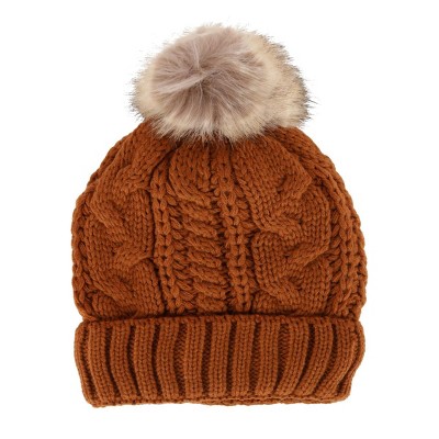 Ctm Women's Cable Knit Lined Winter Beanie With Synthetic Fur Pom : Target