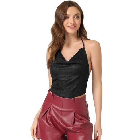 Allegra K Women's Clubwear Halter Glitter Cowl Neck Draped Backless ...