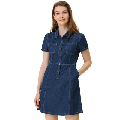 Allegra K Women's Denim Collared Short Sleeve Summer A-line Dress Sky ...