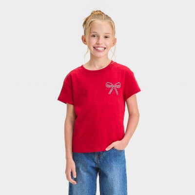 Girls' Short Sleeve Embellished 'bow' Boxy T-shirt - Cat & Jack™ Dark ...