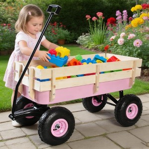 Outdoor All Terrain Garden Cart with Wood Railing and Air Tires, Large ...