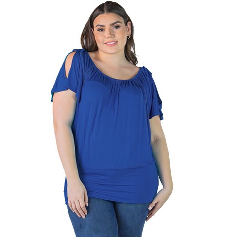 24seven Comfort Apparel Womens Solid Color Short Sleeve Split Shoulder ...