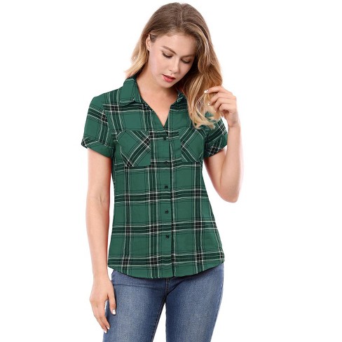 Inspire Chic Women's Classic Short Sleeve Button Down Plaid Shirt Green ...