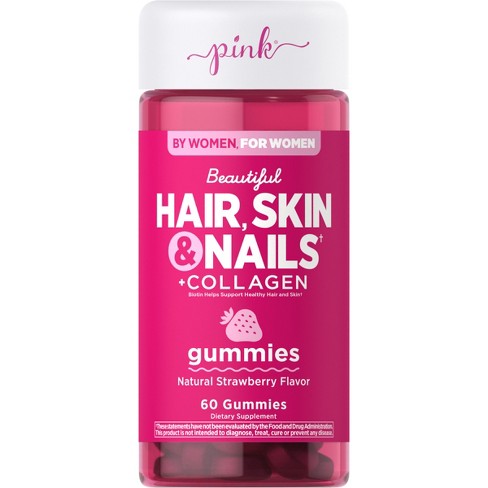 Pink Vitamins Dazzling Hair Skin Nails + Collagen Gummies - Strawberry ...