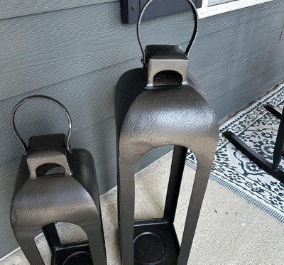 22.5"x7.7" Pillar Cast Aluminum Outdoor Lantern Candle Holder Black ...