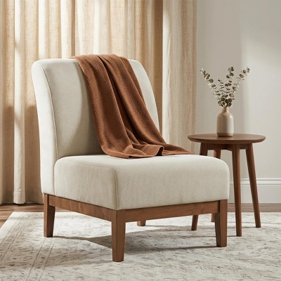 Mid-Century Modern Accent Chair - Beige Fabric Upholstered Armchair ...