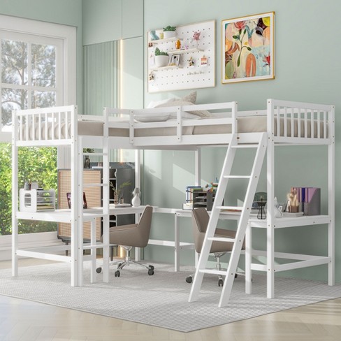Wood Twin Size L-shaped Loft Bed With Ladder And 2 Built-in L-shaped ...