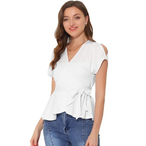 Allegra K Women's Elegant Ruffle Blouses V Neck Slit Sleeve Wrap Peplum ...