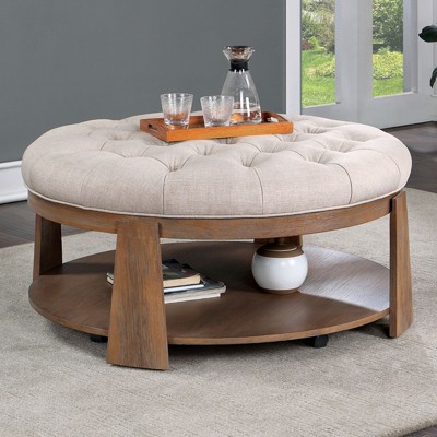 Xiyuyeu Natural Linen Round Ottoman Bench With Shelf & Wheel,deep ...