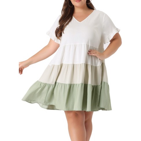 Agnes Orinda Women's Plus Size Color Block Print Babydoll Ruffle Flowy ...