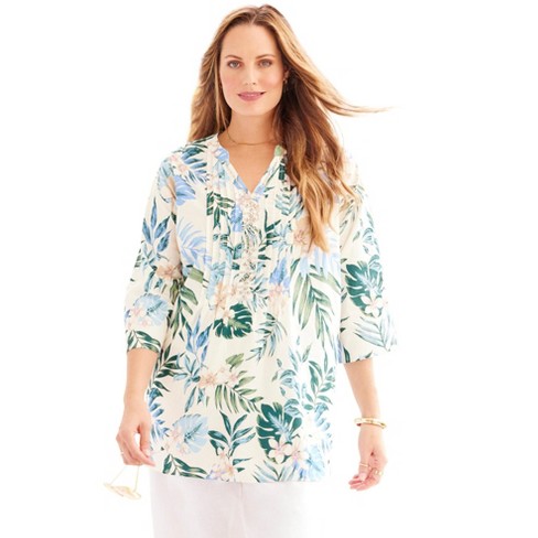 Catherines Women's Plus Size Pleated Linen Tunic - 4x, Ivory Tropical ...