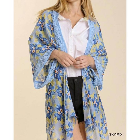 Women's Sheer Floral Print Open Front Duster With Crochet Detail ...