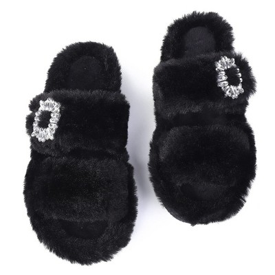 Women’s Cute Open Toe Furry Slippers Two Band Adjustable Fur Slides ...