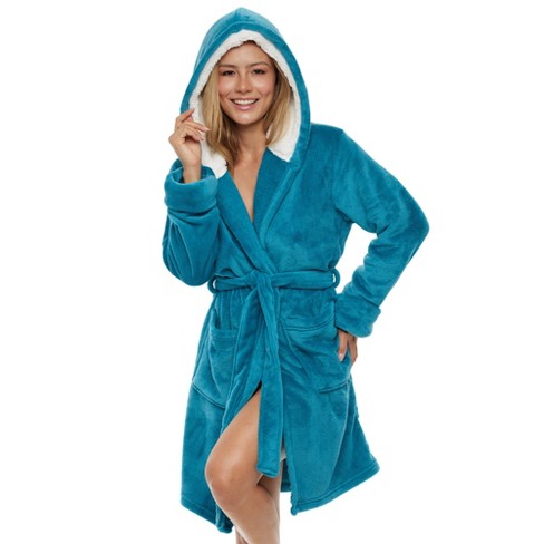 Adr Women's Hooded Plush Velour Robe With Lined Hood, Pockets Turquoise ...