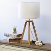 Natural Wood Interlocked Triangular Table Lamp With Fabric Shade Off ...