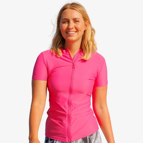 Calypsa Women's Full-zip Short Sleeve Upf 50+ Adele Swim Top - Magenta ...