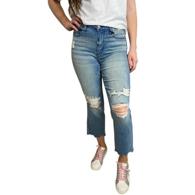 Women's Tinted Wash & Destroyed Cropped Straight Jeans - Judy Blue : Target