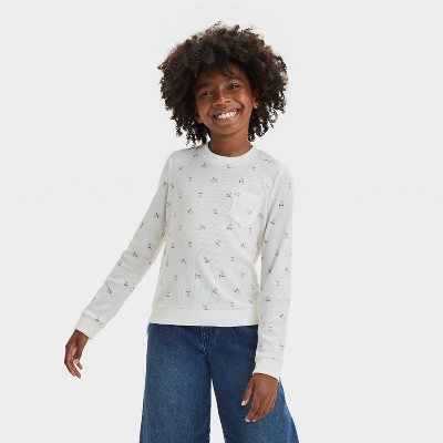 Girls' Long Sleeve Floral Waffle T-shirt - Cat & Jack™ Cream L : Target