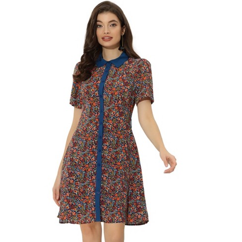 Allegra K Women's Short Sleeve Contrast Collar Belted Floral Shirt ...