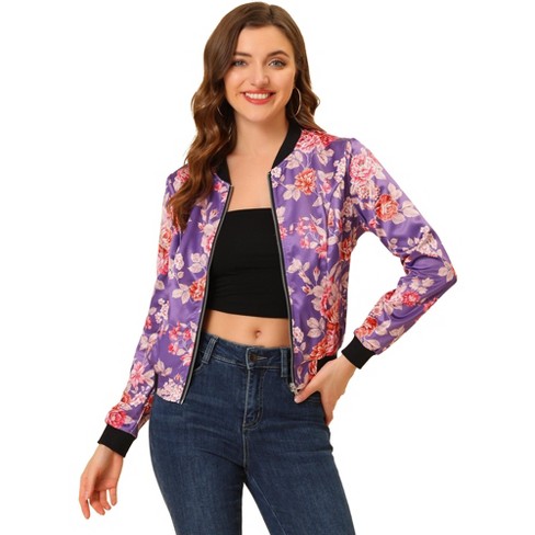 Inspire Chic Women's Stand Collar Floral Prints Zip Up Lightweight ...