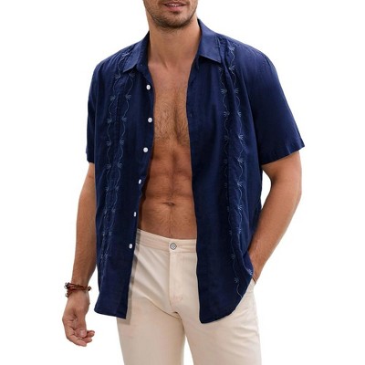 Men's Cotton Linen Shirts Relaxed Fit Short Sleeve Beach Button Down ...