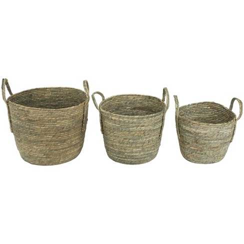Northlight Set Of 3 Gray Tall Seagrass Storage Baskets With Sewn Zig ...