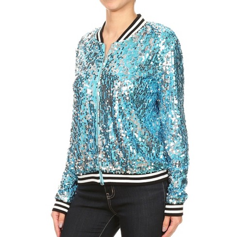 Anna-kaci Sequin Bright Color Vasity Bomber Zip-up Stripe Cuff Jacket ...