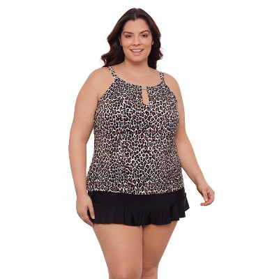 Aqua Green Women's Keyhole Tankini w/ Hardware, Seeing Spots Brown, 1X ...
