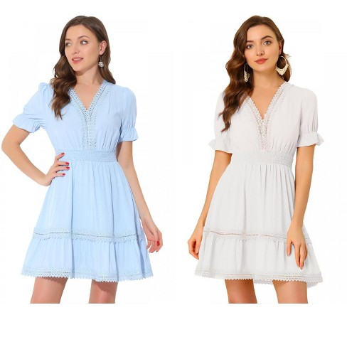 Allegra K Women's V Neck Smocked Elastic Waist Short Sleeve Boho ...