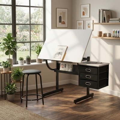 Adjustable Drafting Drawing Table with Stool and 3 Hanging Fabric ...