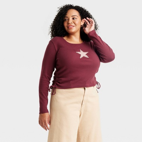Women's Star Long Sleeve Graphic T-shirt - Maroon 2x : Target