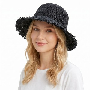 Anna-Kaci Womens Straw Bucket Hat Frayed Edge Wide Brim Sun Hat Summer ...