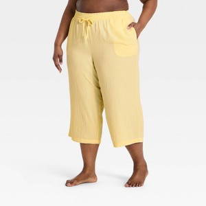 Women's Seersucker Wide Leg Cropped Pajama Pants - Auden™ Yellow 1X ...