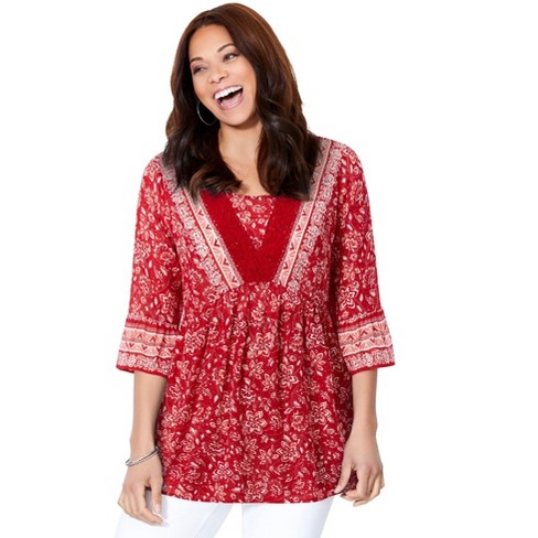 Catherines Women's Plus Size Veranda Lace Trim Tunic - 2x, Classic Red ...