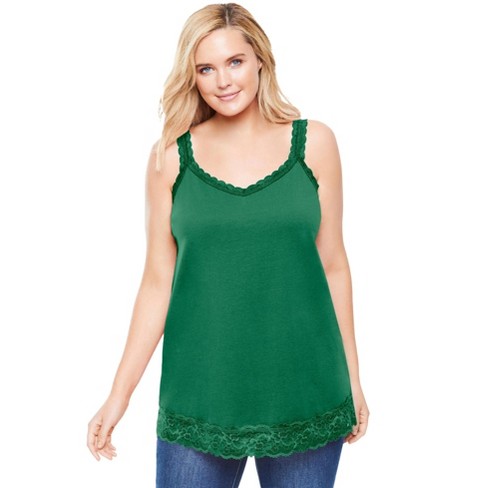 Woman Within Women's Plus Size Lace-trim V-neck Tank - 26/28, Emerald ...
