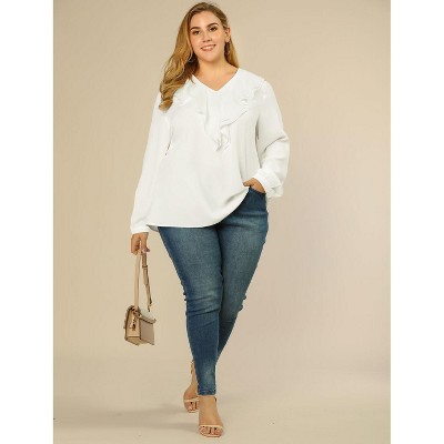 Agnes Orinda Women's Plus Size Work Fashion V Neck Chiffon Ruffle ...